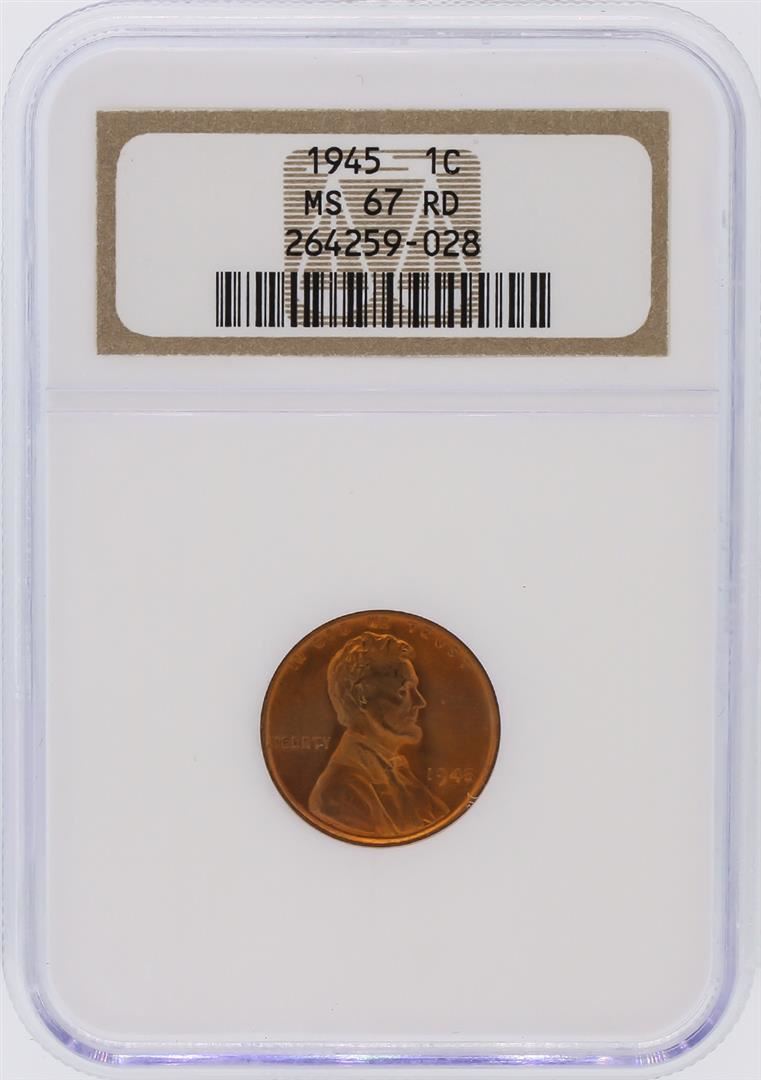 1945 NGC Graded MS67 RD Red Lincoln Wheat Cent Penny Coin
