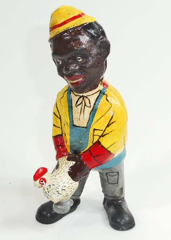 CAST IRON BLACK AMERICANA MAN W/ CHICKEN FIGURAL STILL BANK