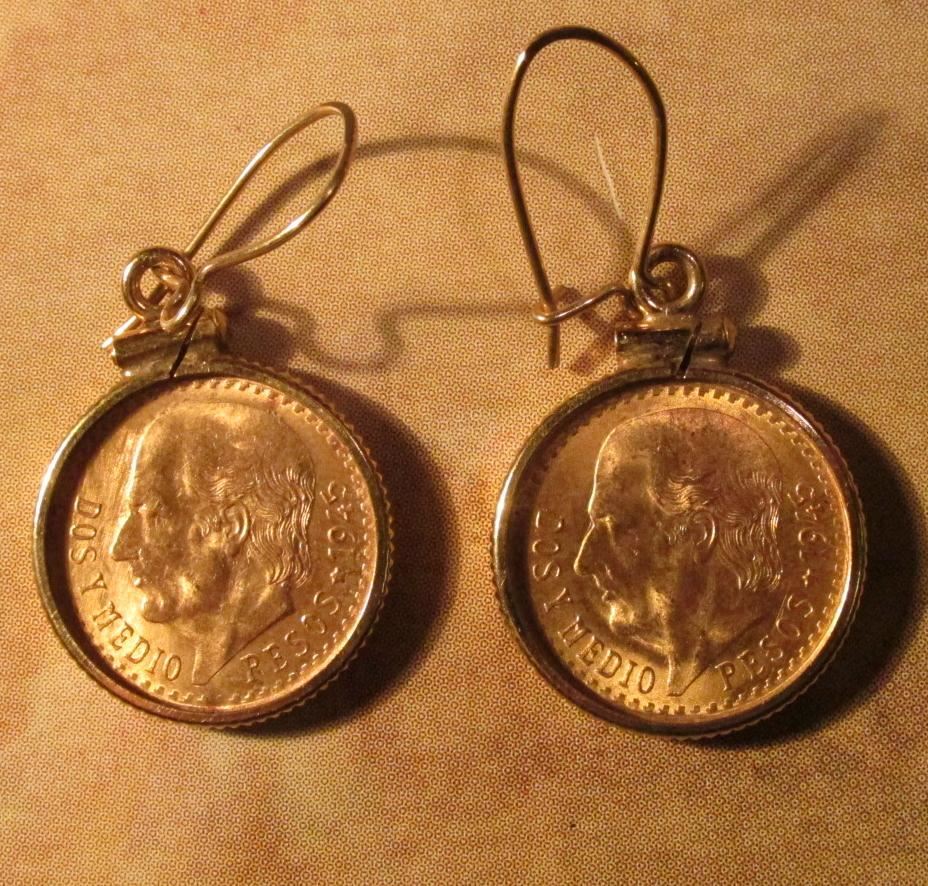 Pair of Women's Earrings for Pierced Ears with 2 1/2 Peso Mexico Gold ...