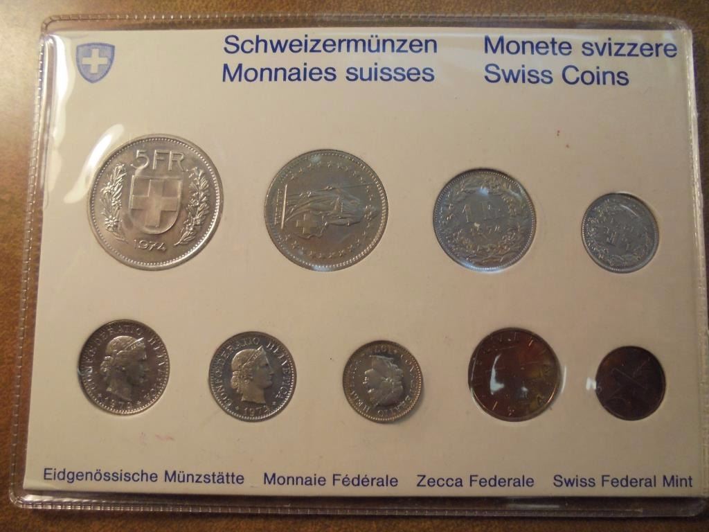 1974 SWISS MINT SET WITH SILVER, 9 COINS ORIGINAL MINT PACKAGING