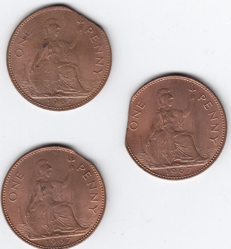 3 x 1967 UK - Great Britain - Penny Coins With Planchet Clips