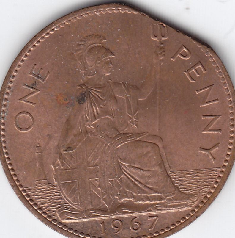 3 x 1967 UK - Great Britain - Penny Coins With Planchet Clips