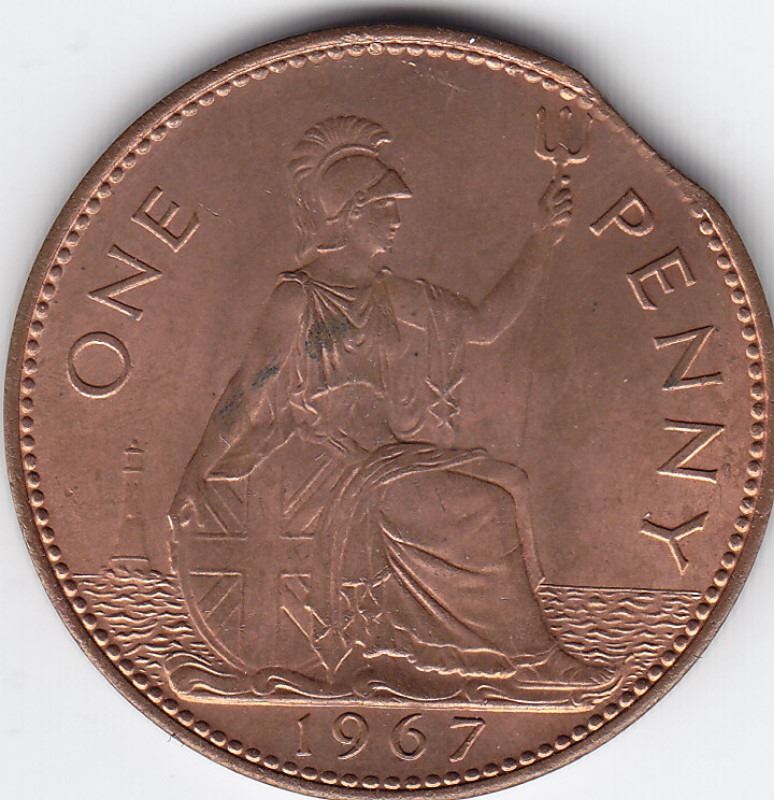 3 x 1967 UK - Great Britain - Penny Coins With Planchet Clips