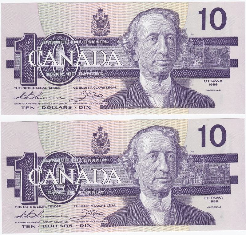 1989 Bank Of Canada $10 Bank Notes - 2 Consecutive Serial #'s - 1st Series