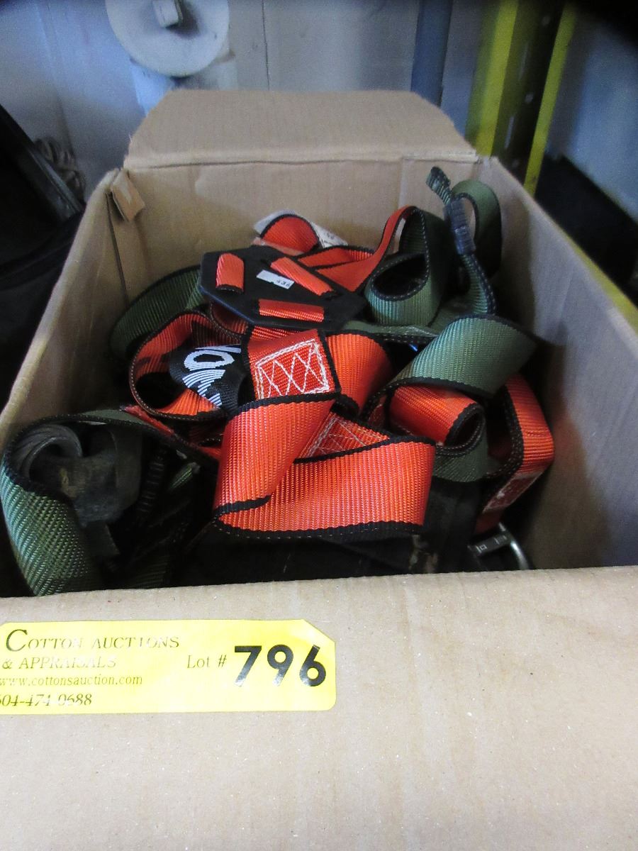 Box of new & used safety harnesses