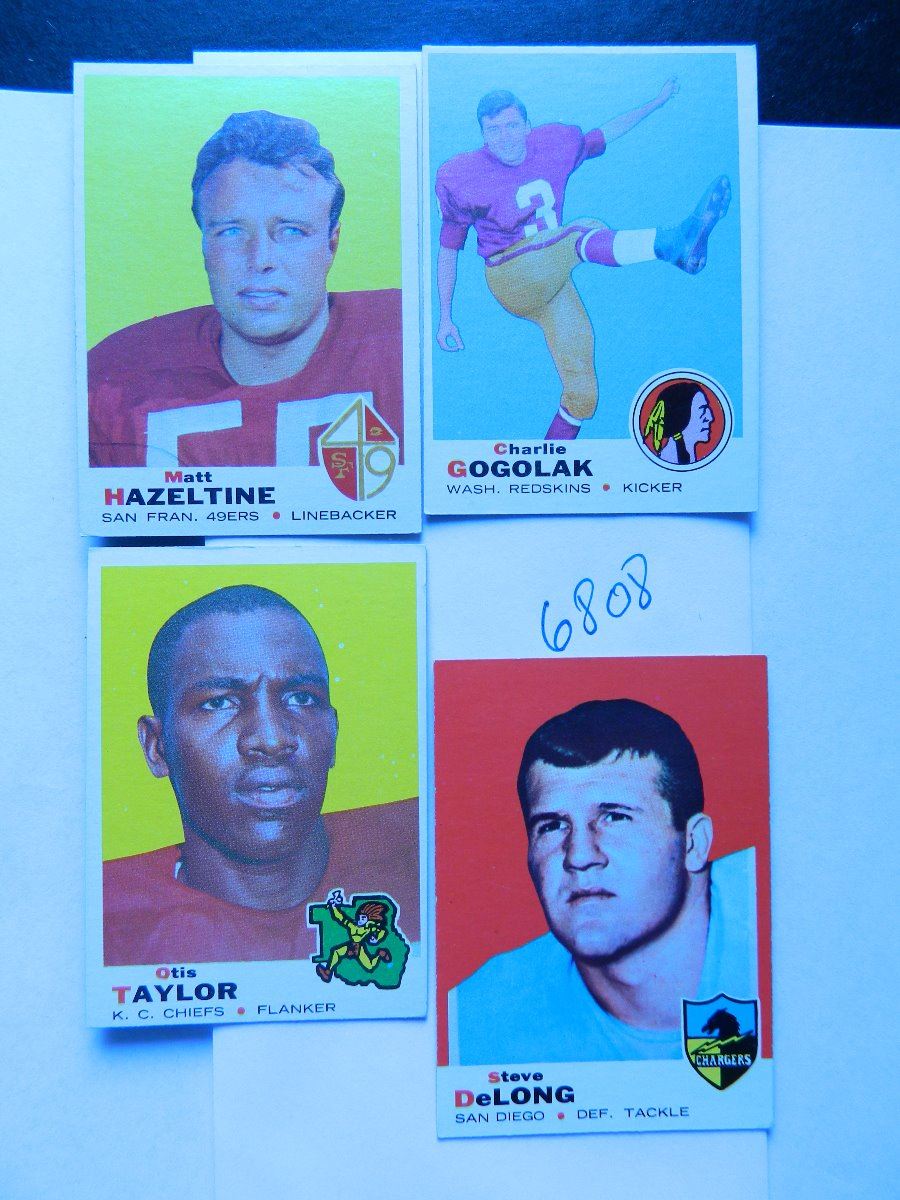 (4) Four 1969 Topps Football Cards incl. #129 Steve DeLong, #191 Otis ...