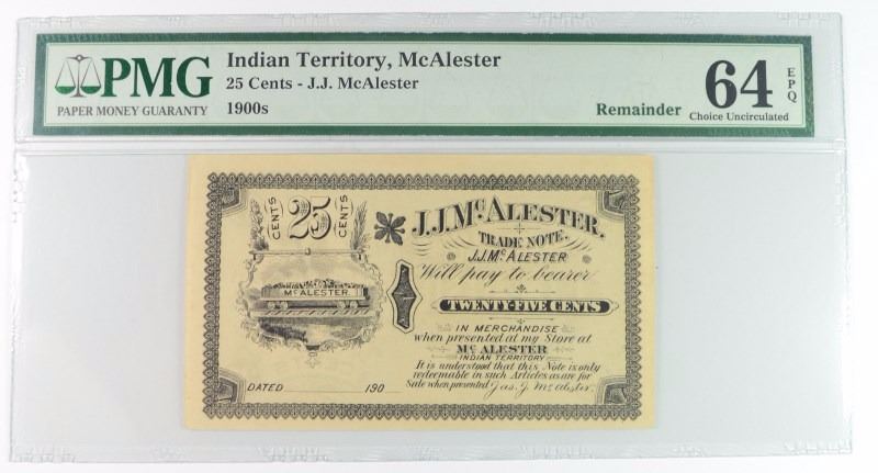 1900-1909 25 CENT INDIAN TERRITORY TRADE NOTE JJ McALESTER PMG 64EPQ