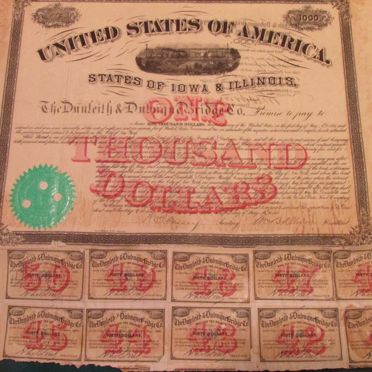 $1000 Bond with ten coupons attached "United States of America States ...