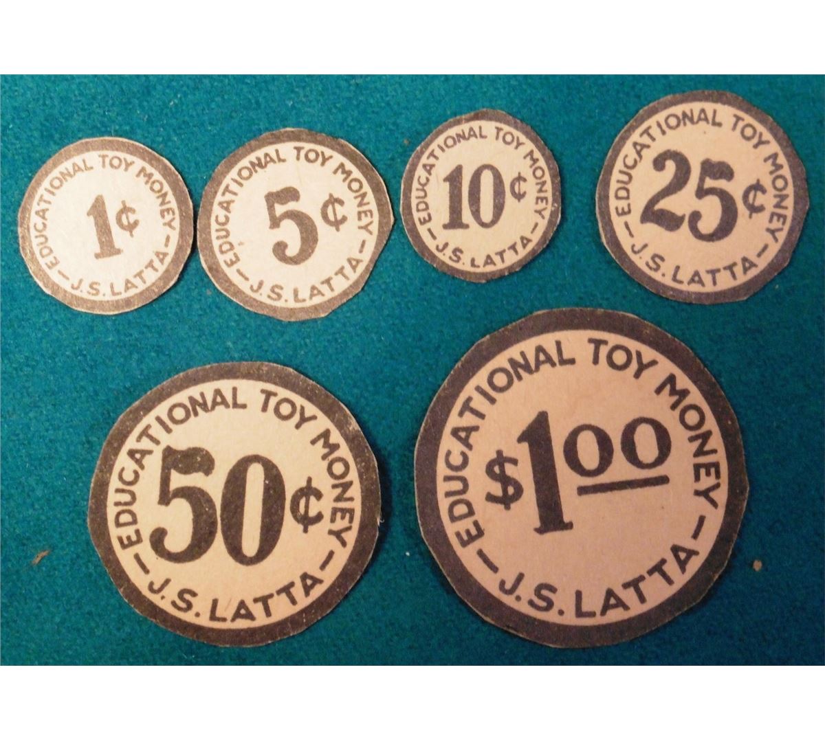 (6) Different “Educational Toy Money J.S. Latta” Cardboard tokens ...