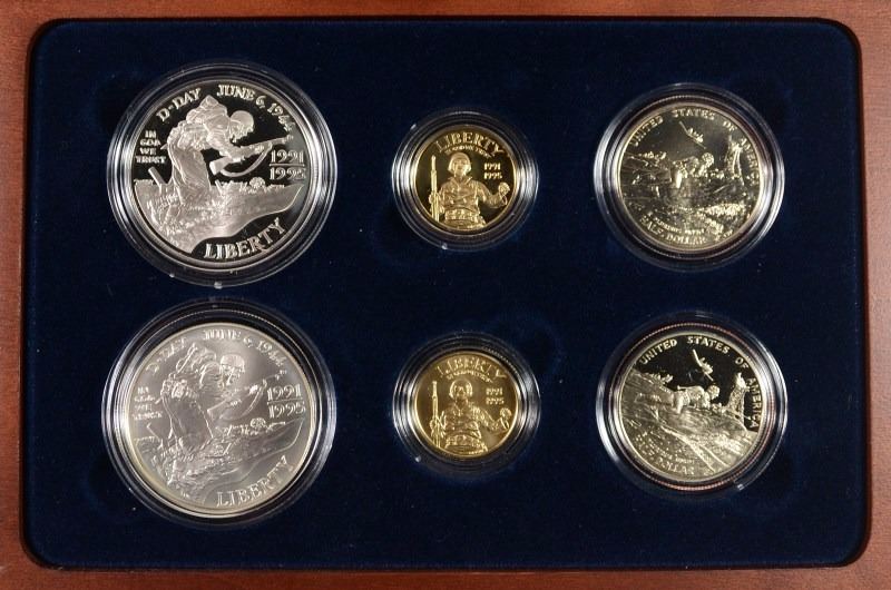 1993 WORLD WAR II 6 COIN PROOF SET, PROOF + UNC, (2) $5 GOLD, (2 ...