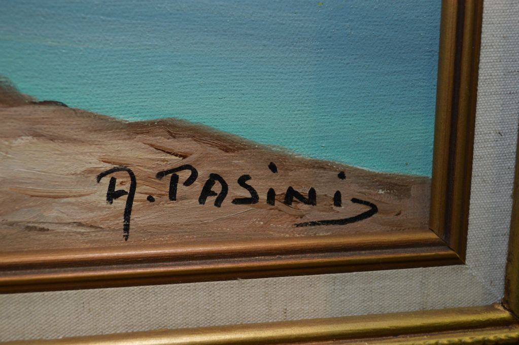 Gilt framed oil on canvas painting of a shoreline and boat scene signed ...