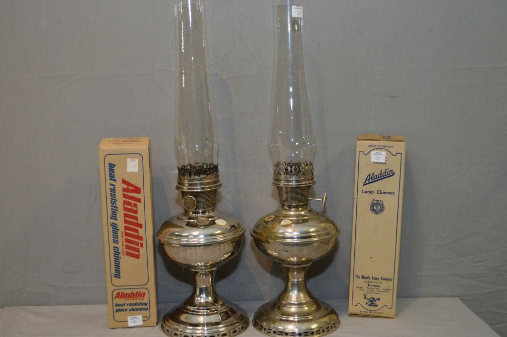 Two vintage Aladdin kerosene mantle lamps with matching Aladdin ...