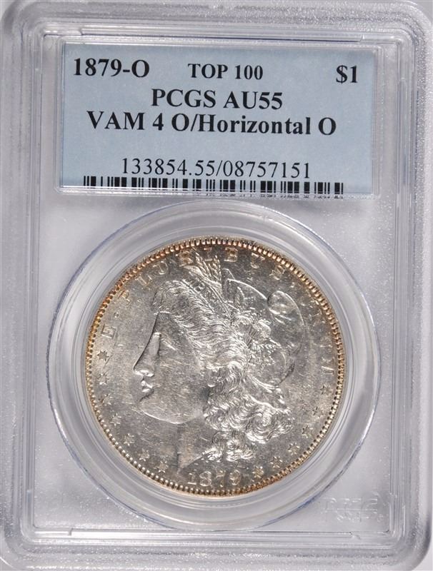 1879-O MORGAN SILVER DOLLAR, PCGS AU-55 VAM-4 O/HORIZONTAL O TOP 100 COIN