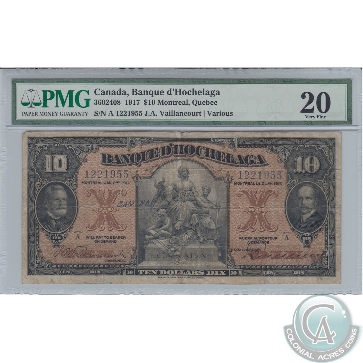 1917 Banque d'Hochelaga $10. 360-24-08, S/N: 1221955, PMG VF-20 (ink ...