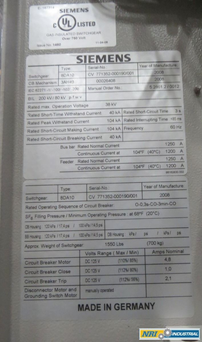 SIEMENS 8DA10 3AH49 GAS INSULATED 38KV-AC MEDIUM VOLTAGE SWITCHGEAR