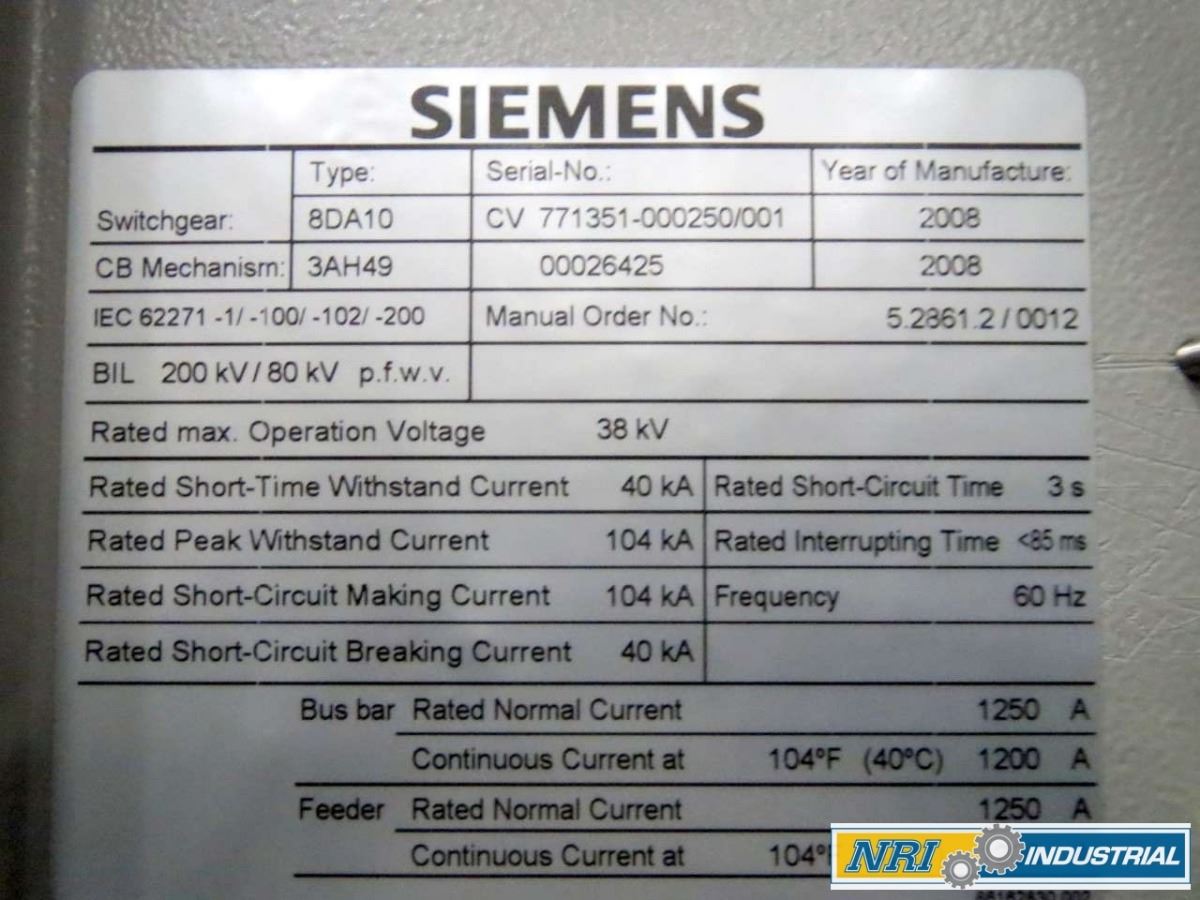 SIEMENS 8DA10 3AH49 GAS INSULATED 38KV-AC MEDIUM VOLTAGE SWITCHGEAR