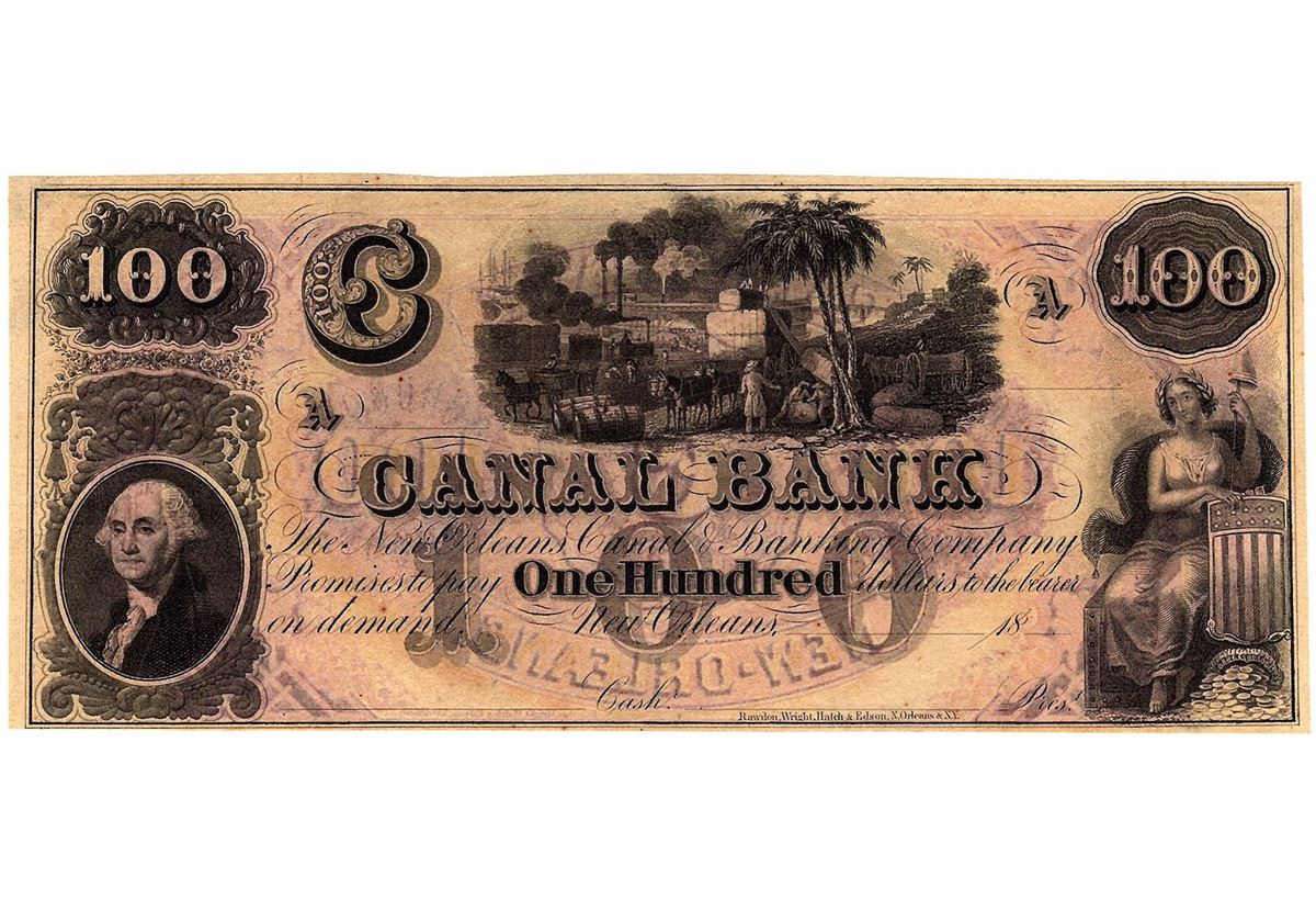 1800's $100 Canal Bank New Orleans Obsolete Currency Note