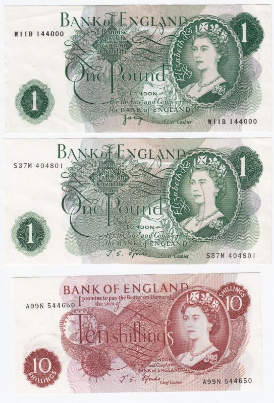 3 UK - Great Britain - 1960's / 70's Bank Notes - 10 Shilling & 2 Pounds