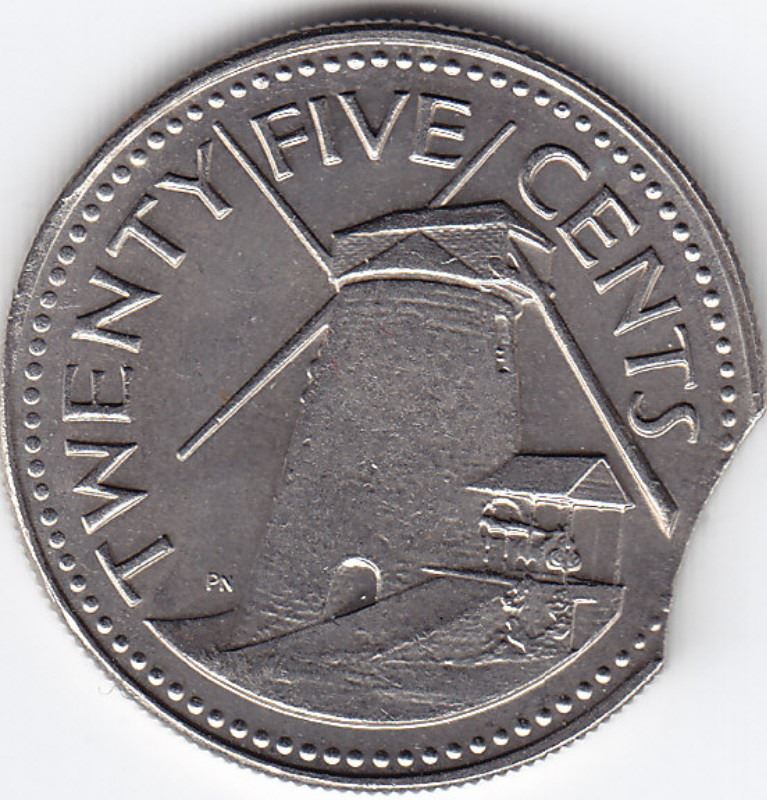 1973 Barbados 25-Cent Quarter Coin With Clipped Planchet