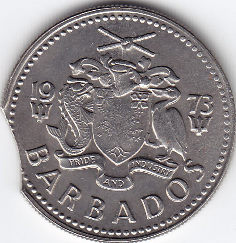 1973 Barbados 25-Cent Quarter Coin With Clipped Planchet