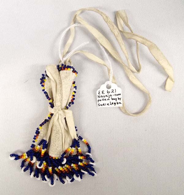 Navajo Beaded Leather Corn Pollen Bag by S. Leyba