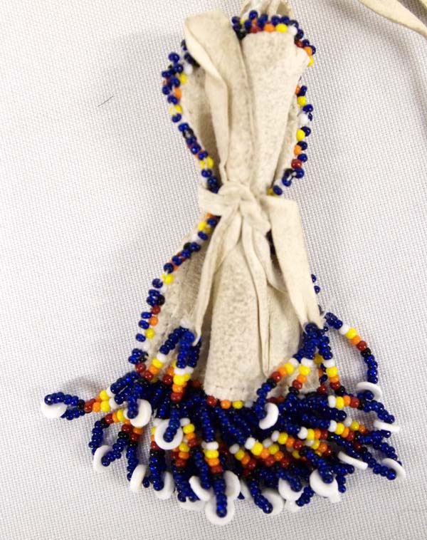 Navajo Beaded Leather Corn Pollen Bag by S. Leyba