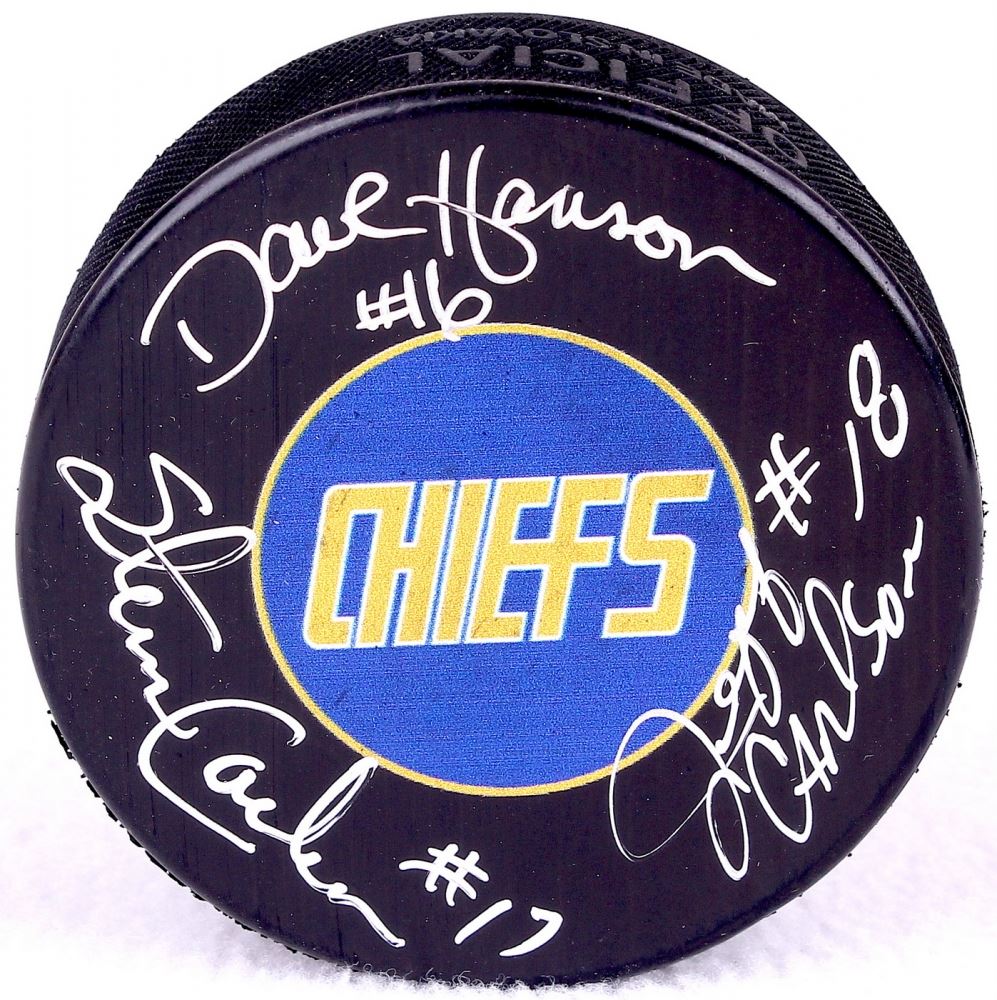 Dave Hanson, Steve Carlson & Jeff Carlson Signed Chiefs "Slap Shot" Logo Hockey Puck (Schwartz COA)