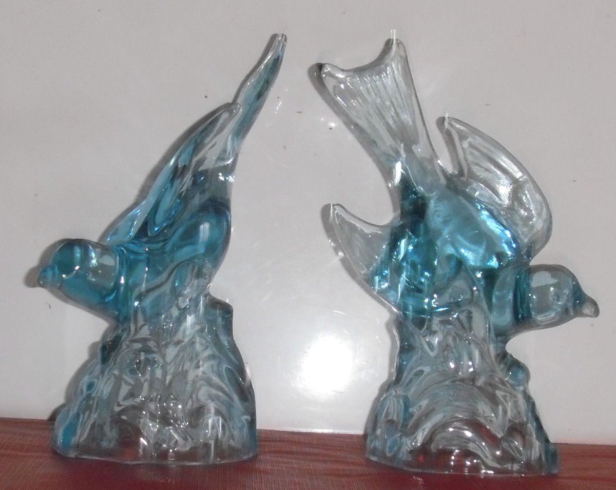 pair bird blue glass bookends or figurines or ornament or centre piece ...