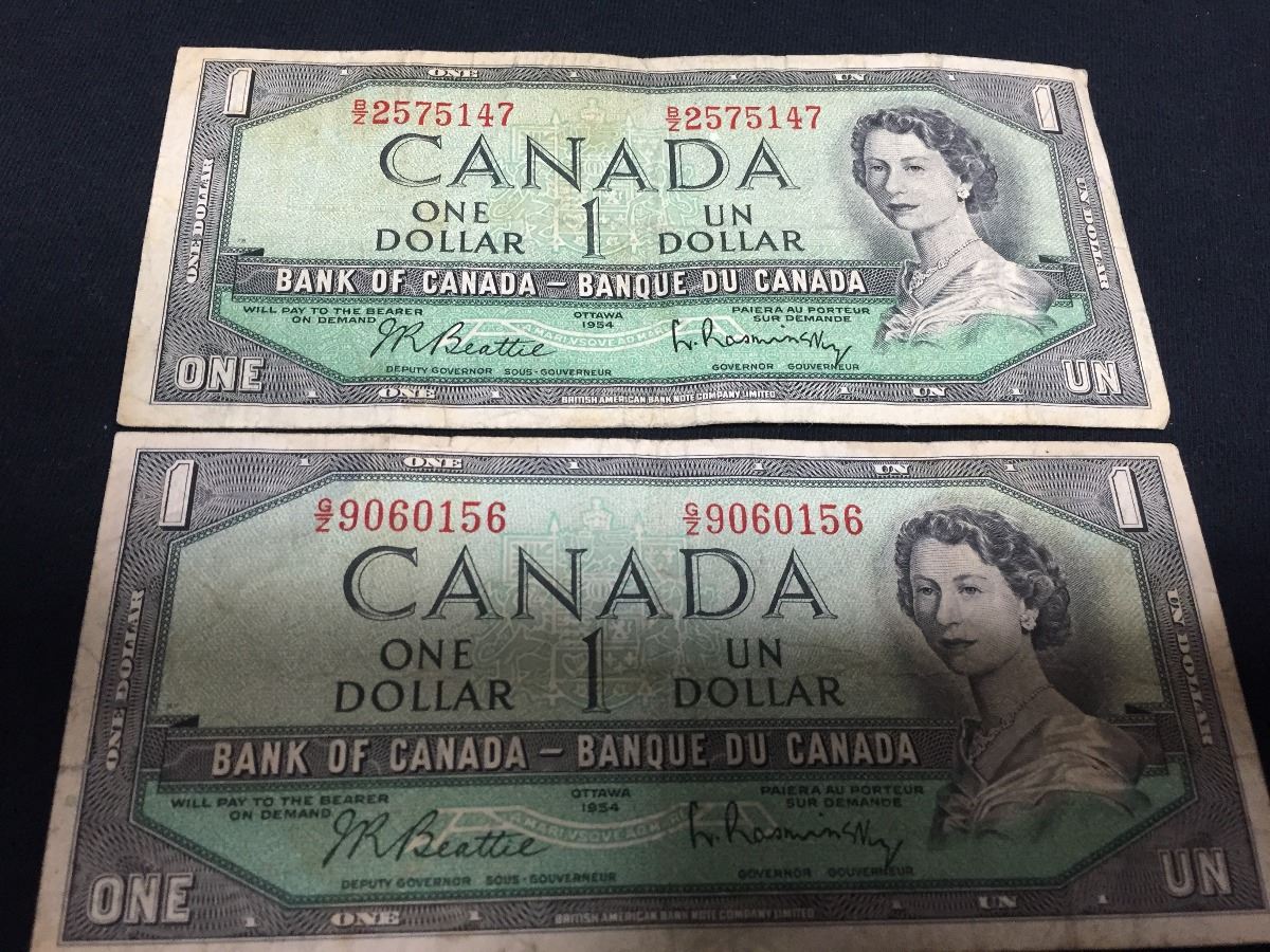 2 1954 Canadian 1 Dollar Bills 2-1954-canadian-1-dollar-bills