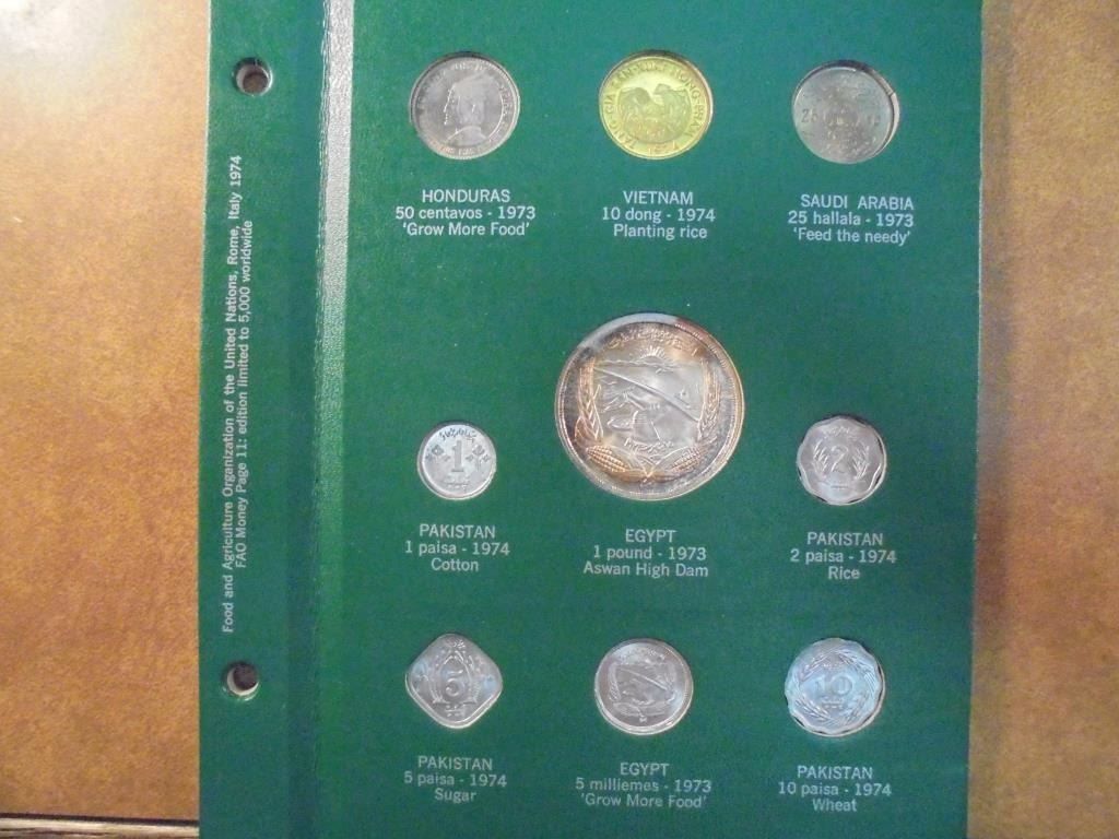FAO GREEN SHEET WITH 9 COINS HIGHLIGHT IS THE 1973 EGYPT ASWAN HIGH DAM ...