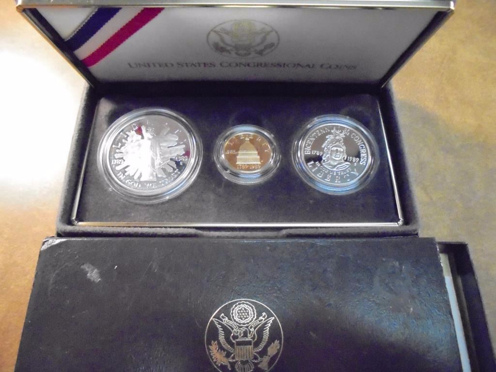 1989 US CONGRESSIONAL GOLD & SILVER 3 COIN PF SET 1989-W $5 GOLD, 1989 ...