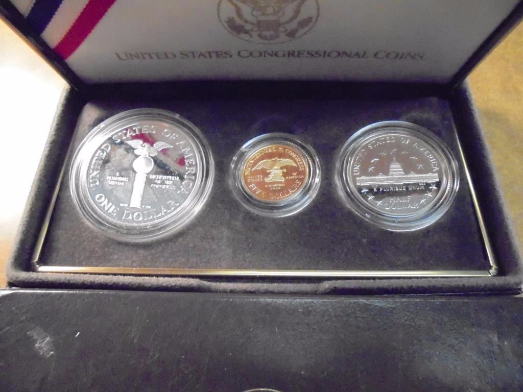 1989 US CONGRESSIONAL GOLD & SILVER 3 COIN PF SET 1989-W $5 GOLD, 1989 ...