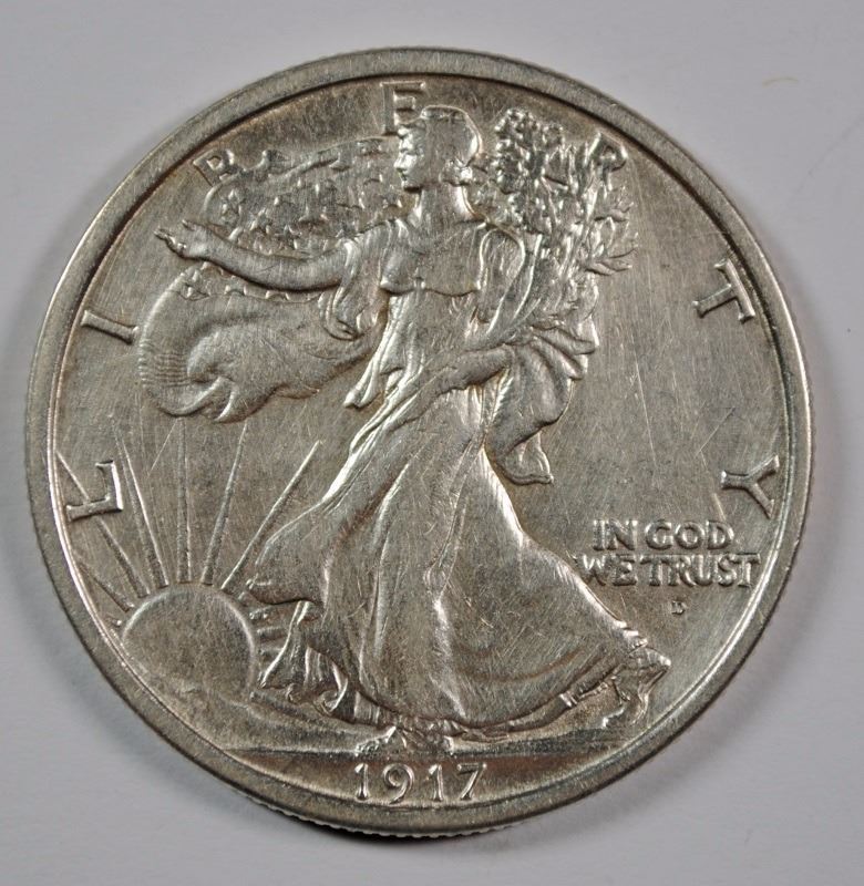 1917-D OBVERSE WALKING LIBERTY HALF DOLLAR, AU-58 RARE COIN!
