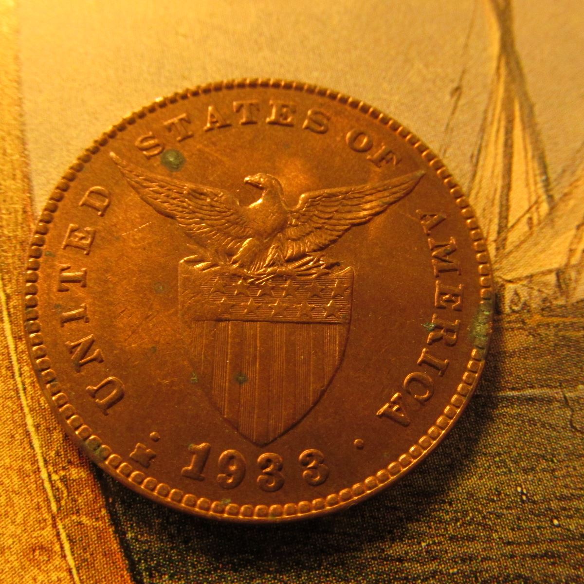 1933 Philippines Islands Copper One Centavo. Red Unc. Couple of carbon ...