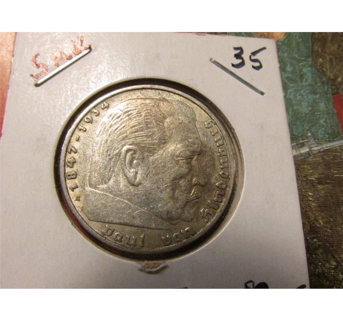 1936 Paul von Hindenburg 5 Reichsmark Silver Commemorative. Early Nazi ...