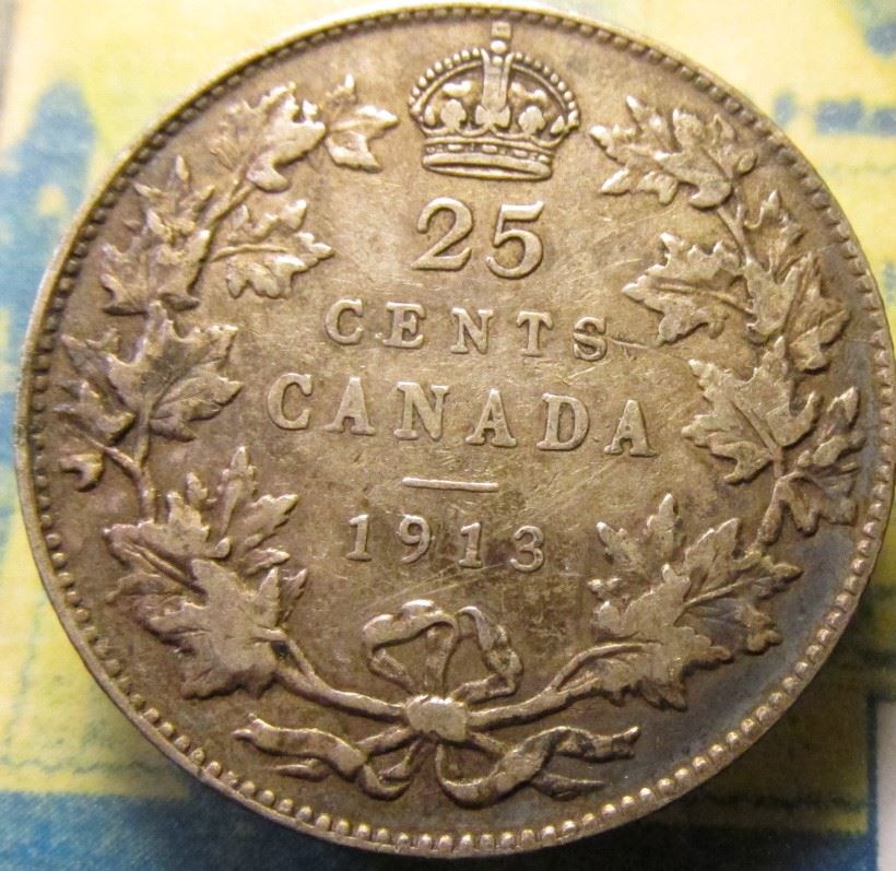 1913 .925 fine Silver Canada Quarter. VF.