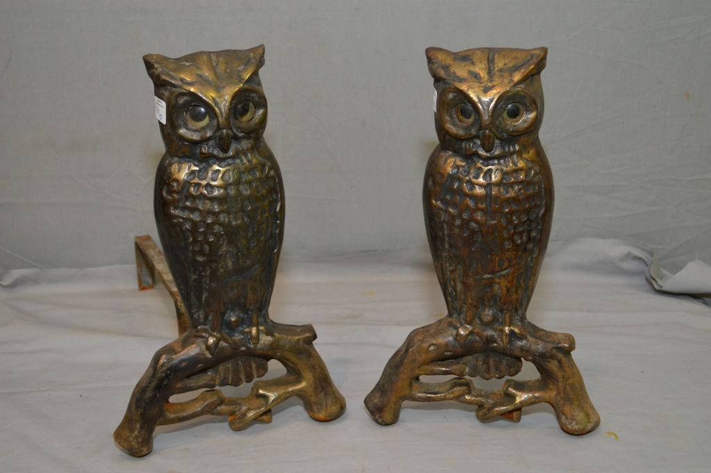 Pair of antique solid brass owl motif andirons
