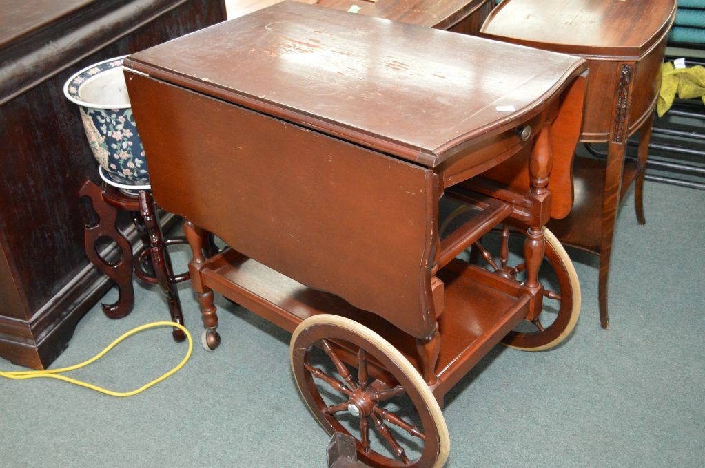 Vintage drop leaf tea trolley with single drawer and pull out drinks tray