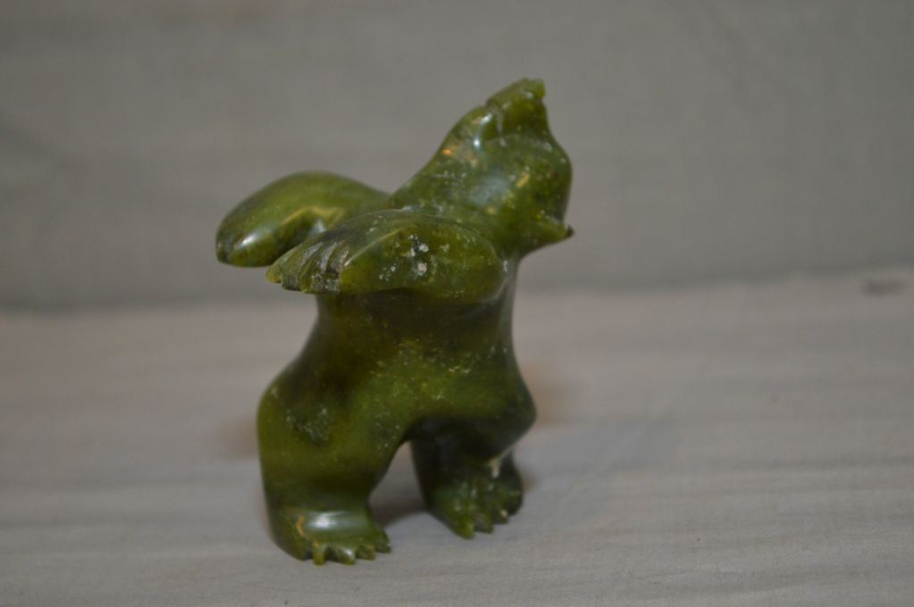 Small Inuit carved jade dancing bear, signed in syllabics 2 1/2" in height