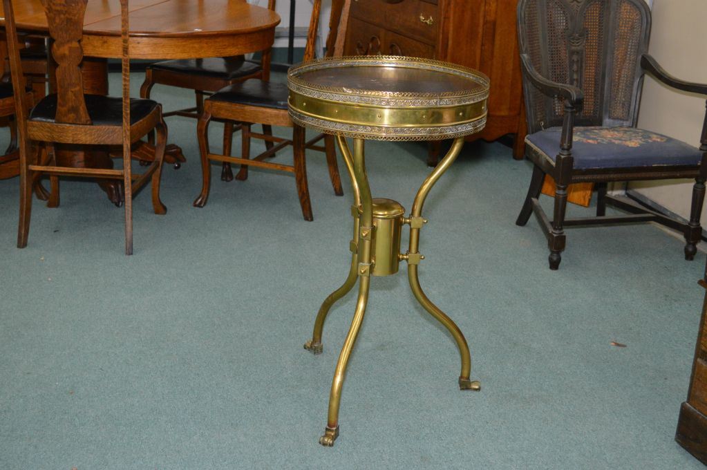 Religious offering table with brass tri-leg supports, hardwood top and ...