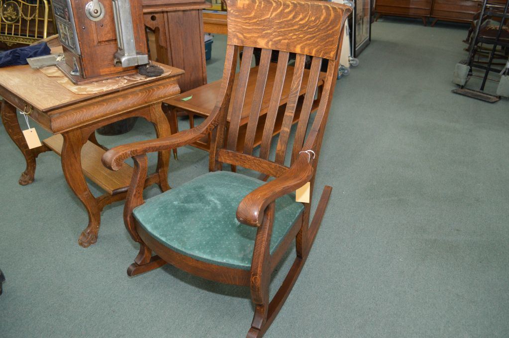 Antique quarter cut oak open arm slat back rocking chair with ...