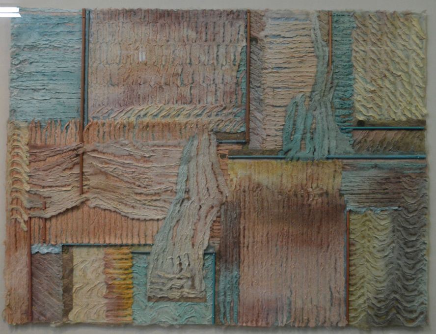 Framed paper mache collage by artist Jan MacLeod