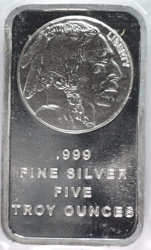 FIVE OUNCE .999 SILVER BAR, INDIAN/BUFFALO DESIGN