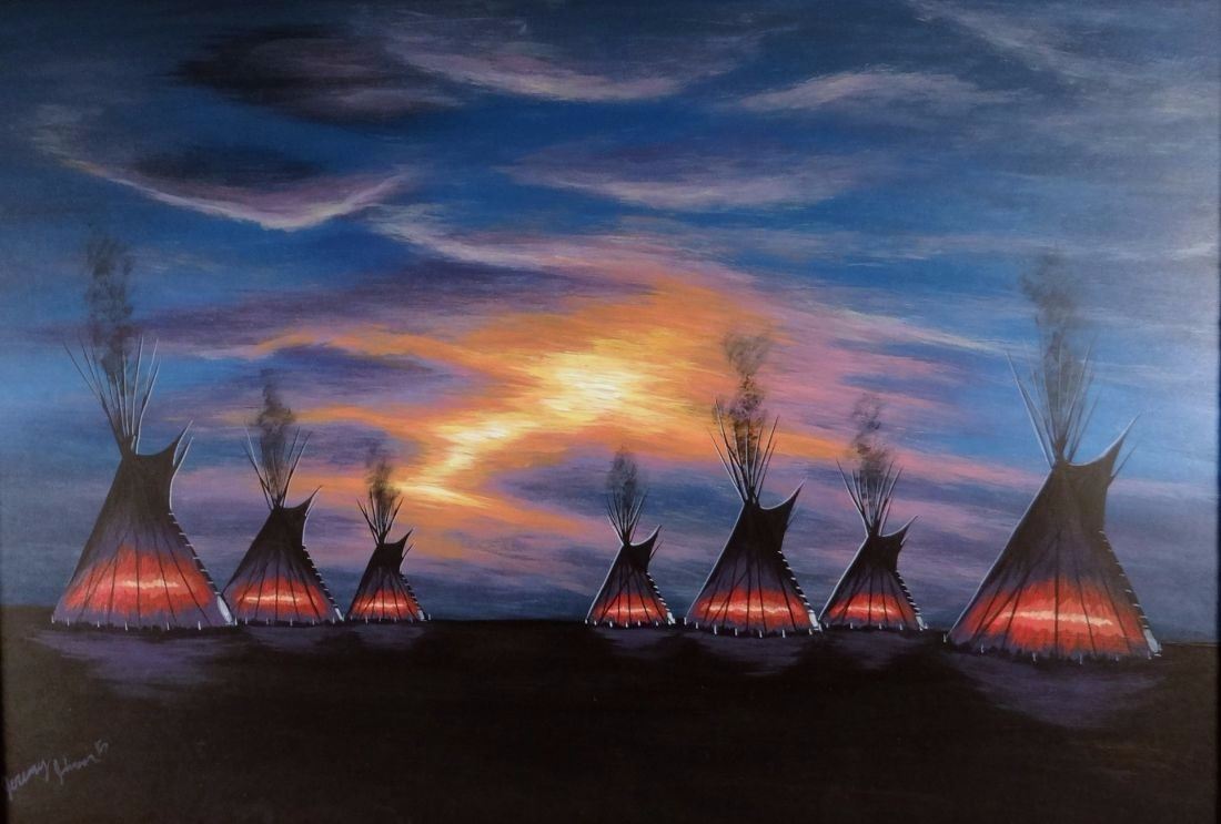 Jeremy Johnson, acrylic on board, Blackfeet Camp, 16" x 24", framed