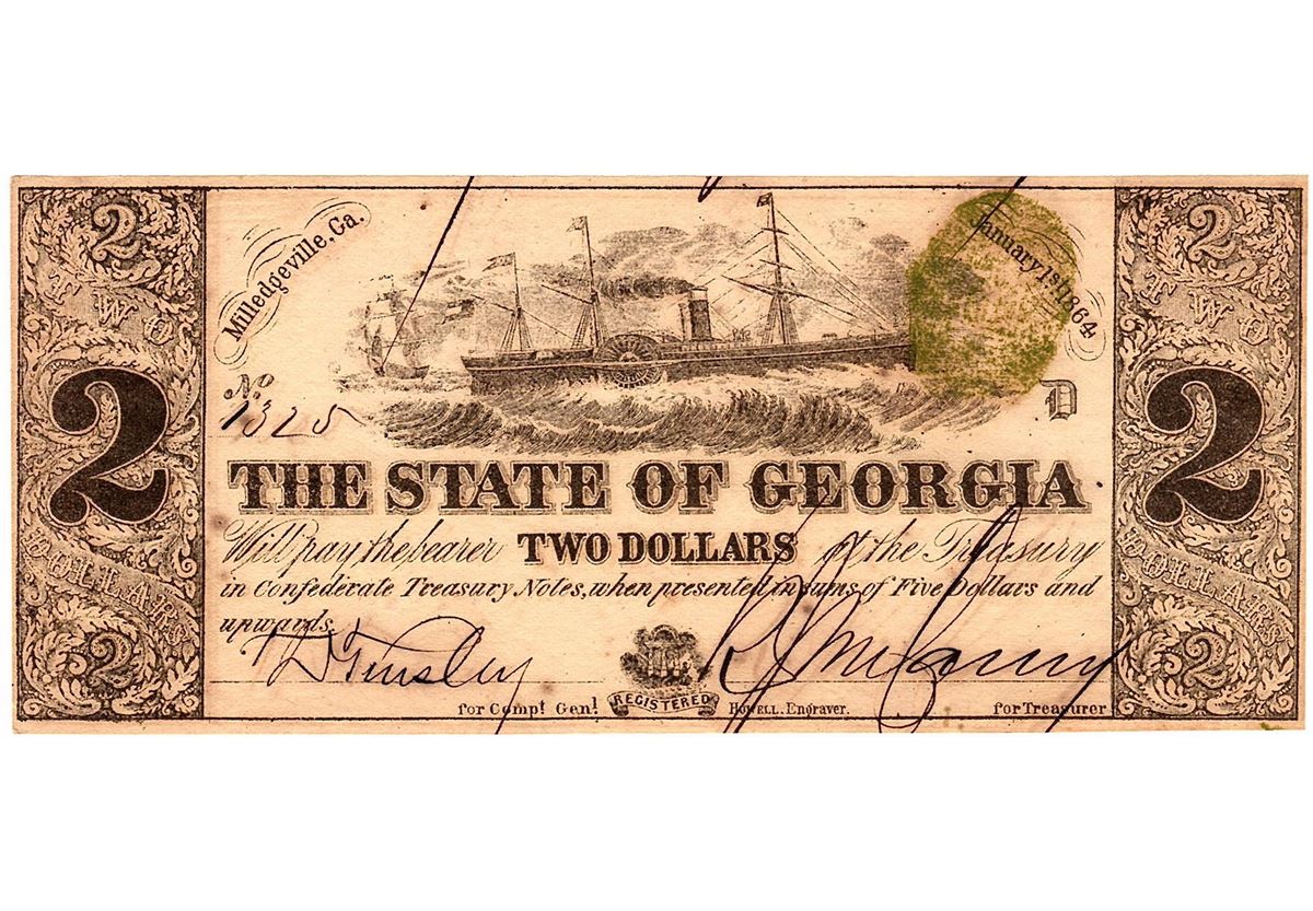 1864 $2 State of Georgia Confederate Currency Note