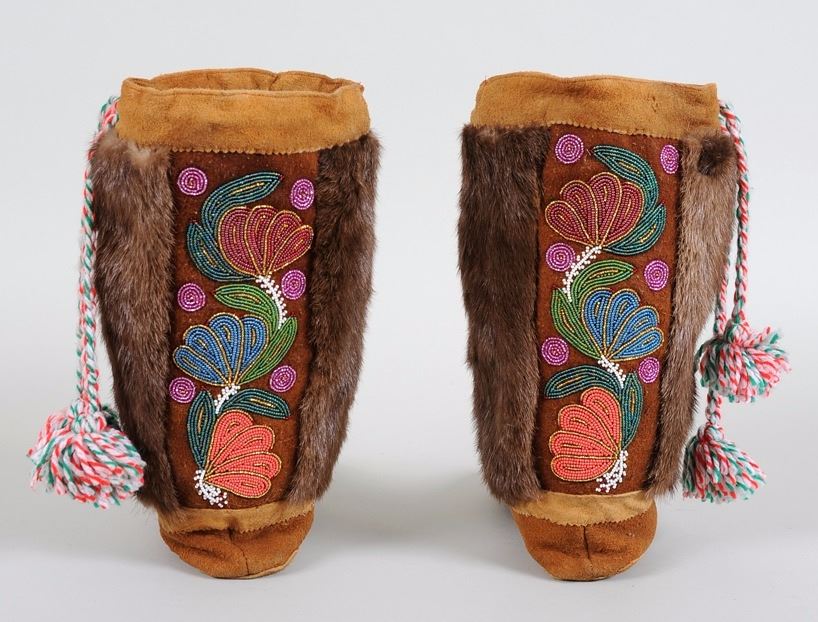 Pair of Northern Cree Floral Design Beaded Moose Hide High Top ...