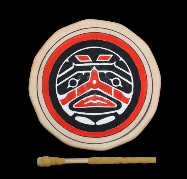 Bella Coola Drum with Painted Nuxalk Moon Design 14" W. Good Condition