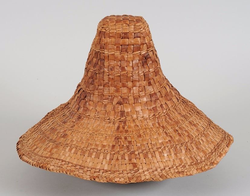 Coast Salish Cedar Bark Rain Hat 16" D. 9 1/2" H. Good Condition