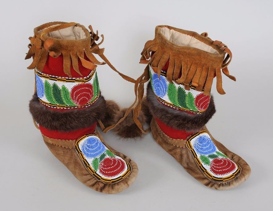Pair of Cree Beaded Smoked Moose Hide High Top Moccasins with Floral ...