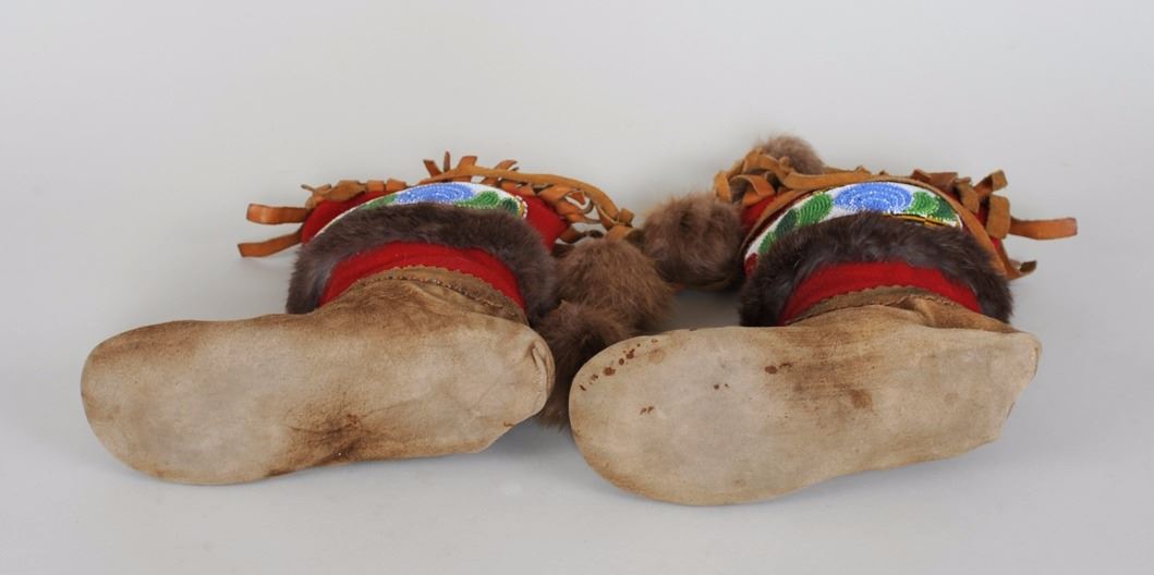 Pair of Cree Beaded Smoked Moose Hide High Top Moccasins with Floral ...